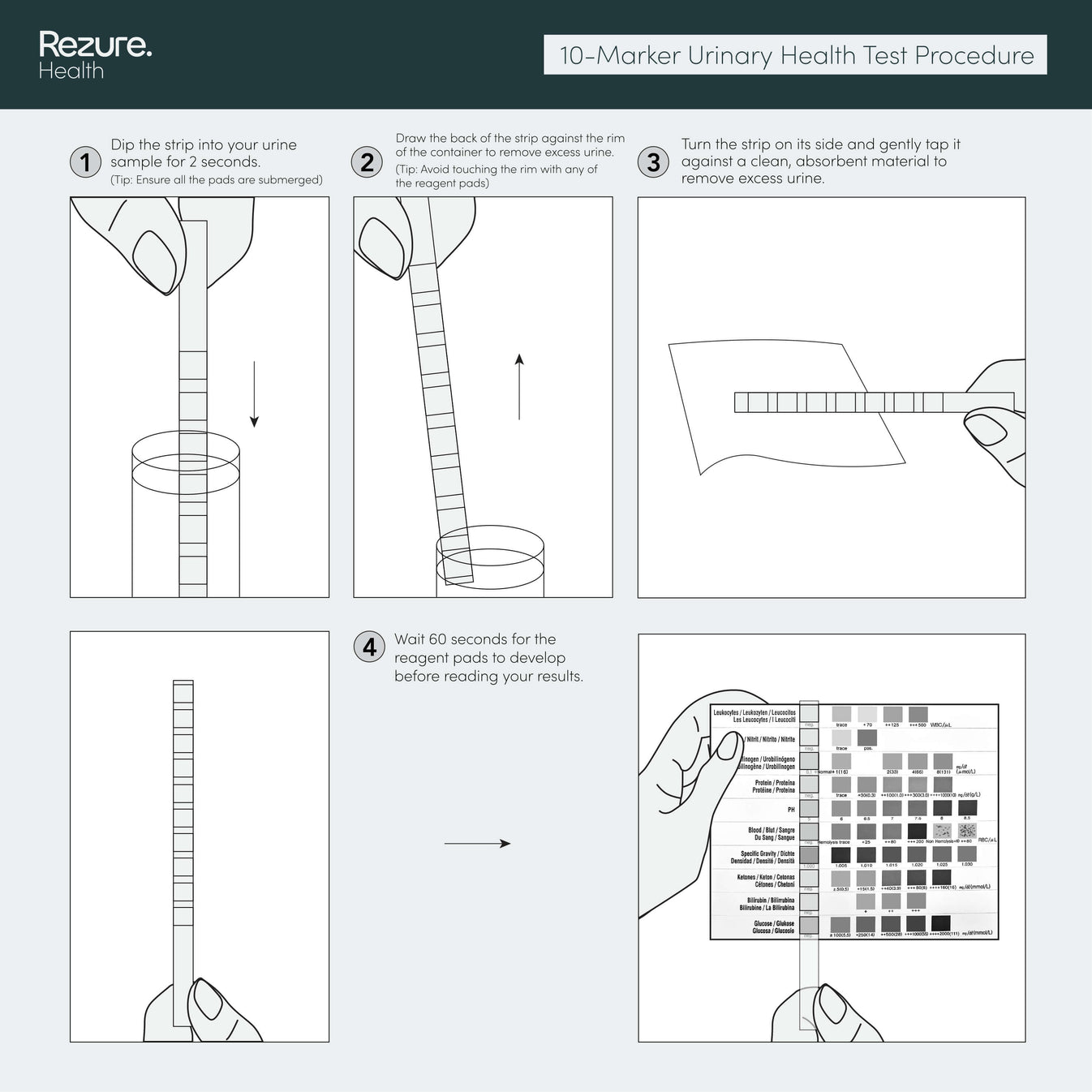 Home Urinary Health Dipstick Test Strips – 10 Markers | Rezure Health